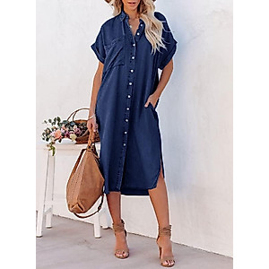 Dokotoo Midi Denim Dress for Women 2024 Button-Down Side Slit Pockets Short Sleeve Solid Color Fashion Spring Summer Dresses Blue X-Large
