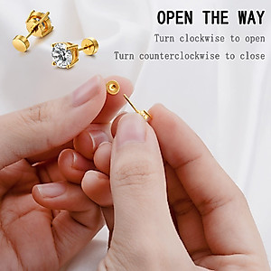 Kainier Women's 5 Pairs 14K Gold Plated CZ Stud Earrings Flat Back Earrings Simulated Diamond Round Surgical Steel Cubic Zirconia Hypoallergenic Flat Back Ear Stud Set（5 Pairs)