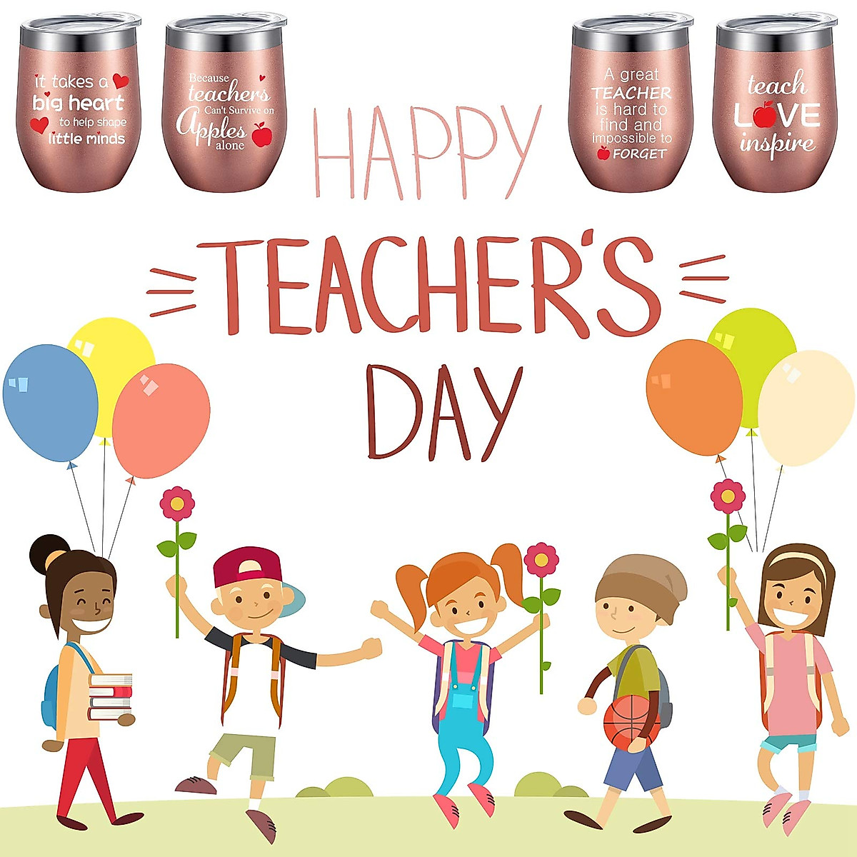 Patelai 4 Pcs Teacher Appreciation Gift Back to School Gift Personalized Thank You Teacher Coffee Mug Birthday Christmas Gifts for Women Men, 12 oz Wine Tumbler with Straws and Brushes (Rose Gold)