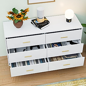 CARPETNAL White Dresser, Modern Dresser for Bedroom, 6 Drawer Double with Wide Drawers and Metal Handles, Wood Dressers & Chest of Hallway, Entryway.