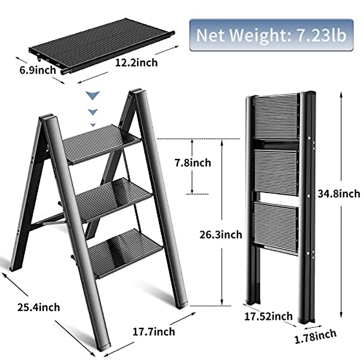 3 Step Ladder Folding Ladder Stool Portable Step Ladder Lightweight Aluminum Wide Anti Slip Pedal Multifunctional Household Adults Stepladder Black 330lb