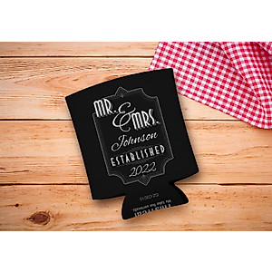 Engagement Party Favor For Women Mr & Mrs Custom Name and Established Date 2-Pack Personalized Can Coolie Drink Coolers Coolies Black
