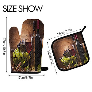 Vintage Red White Wine Grapes Wooden Oven Mitts Quilted Cotton Lining Potholders BBQ Gloves-Oven Mitts and Pot Holders Heat Resistant Kitchen Gloves Safe Mats for Baking Cooking