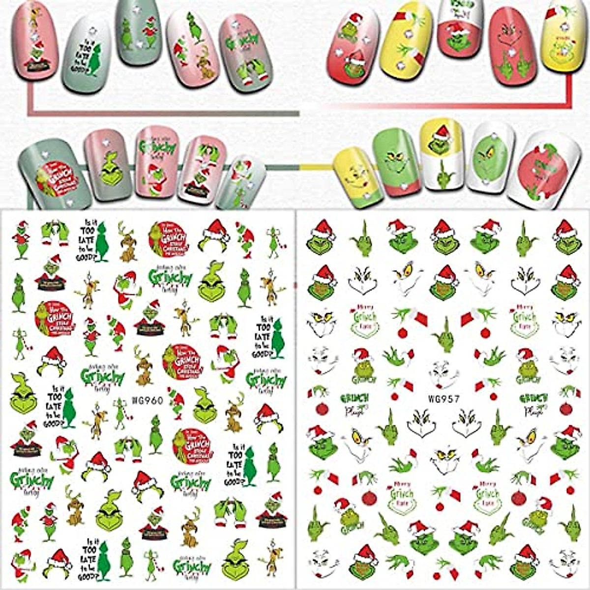 10 Sheets Christmas Nail Art Stickers 3D Nail Art Decals Green Monster Cartoon Nail Decals Self-Adhesive Design Nail Art Supplies Holiday Nail Stickers Winter Christmas Party Nail Decoration for Women