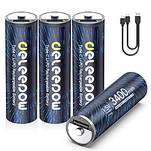 Deleepow Rechargeable AA Batteries Lithium USB 1.5V 3400mWh Lithium AA Batteries with USB-C Cable 1500 Cycles 4-Pack