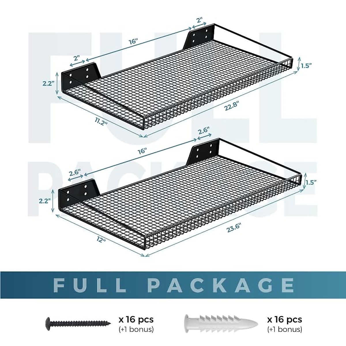Garage Wall Shelf (2Pack-23.6"x12"x2.2") Steel Wall Shelf Storage Rack, Wall Mount Heavy Duty Metal Shelves Mesh Storage Rack for Garage, Office, Basement and Kitchen, Closet, Laundry Room (2pack)