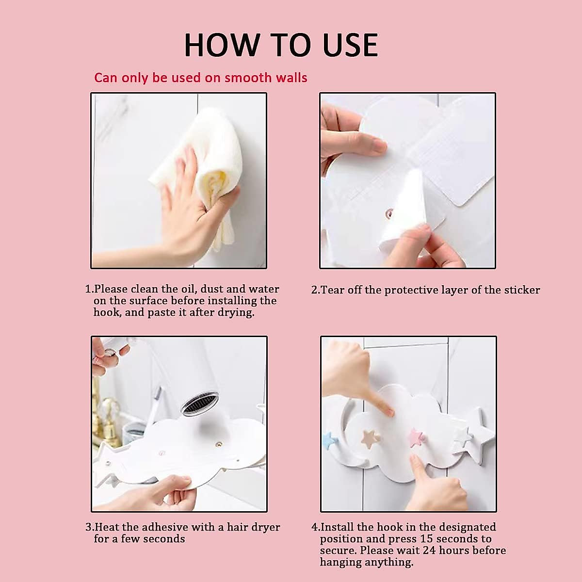 BOSGAS Adhesive Wall Hook for Kids Room,Decorative Wall Mounted Hooks Rack for Hanging Hair Clips,Headwear, Wallets,Hats,and Towels,Kids Coat Hook Rack for Boys and Girls,Easy to Use