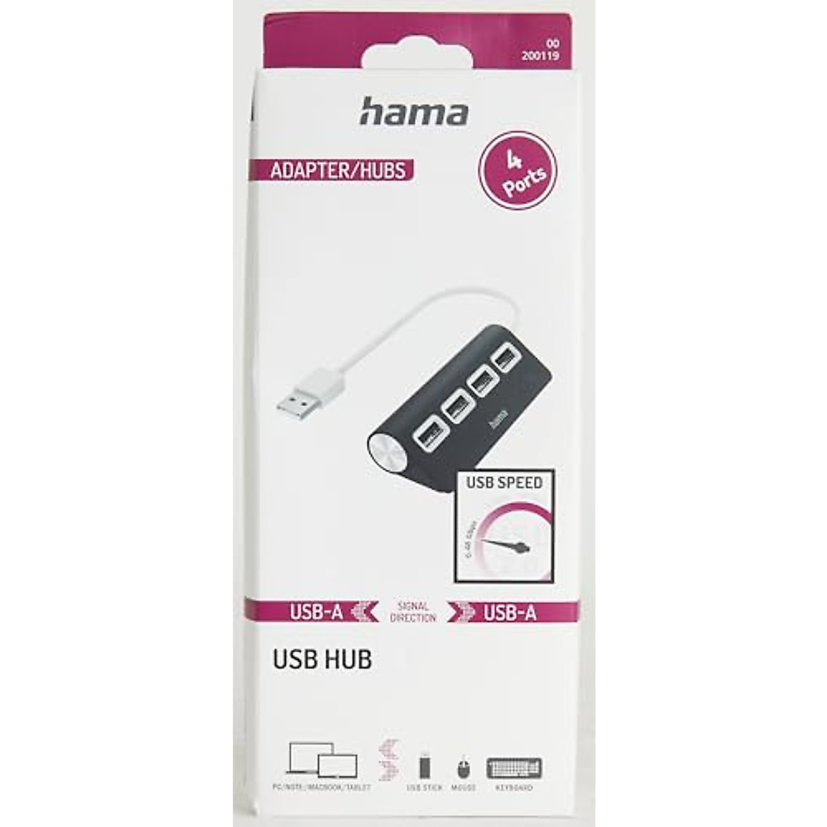 Hama 00200119 External 4-Port USB 2.0 Hub, USB Powered, Black