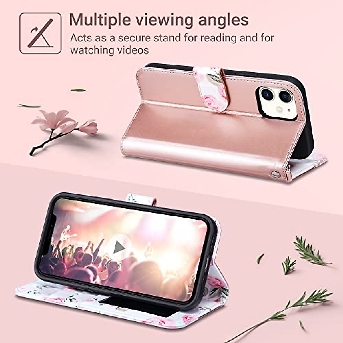 ULAK Compatible with iPhone 12 Wallet Case for Women, Premium PU Leather iPhone 12 Pro Flip Cover with Card Holder, Wrist Strap, Kickstand Shockproof Phone Case for iPhone 12/12 Pro 6.1, Rose Flower