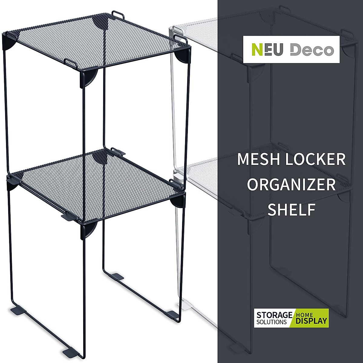Neudeco Pack 2, Mesh Locker Shelf, Stackable Extra Tall Locker Organizer, Collapsible and Metal Build, Fits Standard Size School Locker, Suitable for Work, Kitchen, Bathroom (Grey)