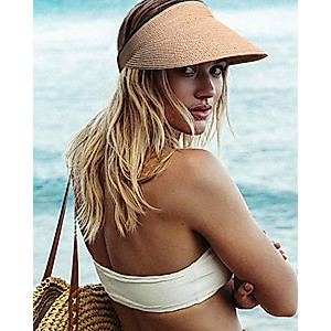 FURTALK Hat Straw Sun Visors for Women Summer Packable Ponytail Beach Hats for Travel UPF 50+ (Wide Brim Khaki, One Size)