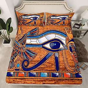 Egyptian Fitted Sheet Egypt Style Bedding Sets Navy Blue Eyes Bed Sheets For Boys Adults Ancient Egyptian Pyramids Pharaoh Top Flat Sheet Deep Pocket With 2 Pillow Cases Bedroom Decor Full