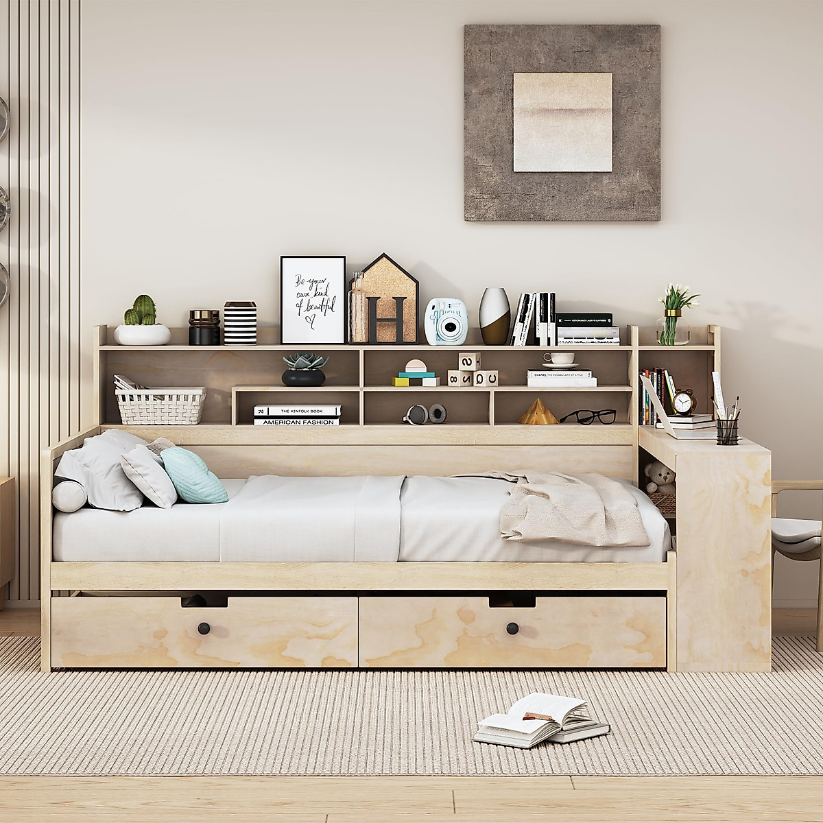 SOFTSEA Full Size Daybed with Bookcase & Drawers, Wood Daybed with Study Desk and Storage Shelves for Kids Teens Boys Girls, Full Storage Bed Frame with Bookcase Headboard, Natural