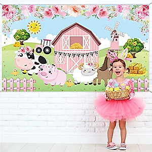 Farm Animals Theme Party Decorations, Pink Flowers Floral Barn Backdrop Banner for Grass Children Birthday Party Supplies, Farm Animals Scenic Background Photo Booth Banner, 72.8 x 43.3 Inch
