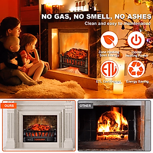 Electric Fireplace Logs Inserts Heater with Infrared Remote Controller 5 Flame Brightness 24h Timer Overheating Protection for Home and Office Decor Black
