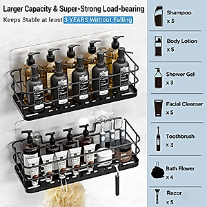 2 Packs Adhesive Shower Caddy with Hooks - No Drilling Rustproof Traceless Stainless Steel Wall Mounted Shower Storage Organizer Shelf Rack Holder for Bathroom Toilet Restroom Kitchen - Matte Black