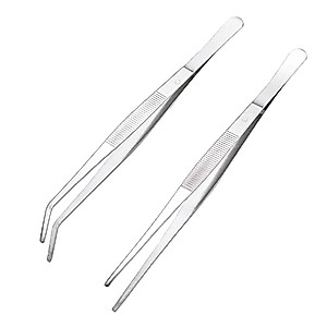 Miupoo Long Handle Stainless Steel Paint Straight and Curved Tweezers Nippers,Extra Long Precision Craft Tweezers Set with Serrated Tips,Silver,2 pieces,9.8Inches