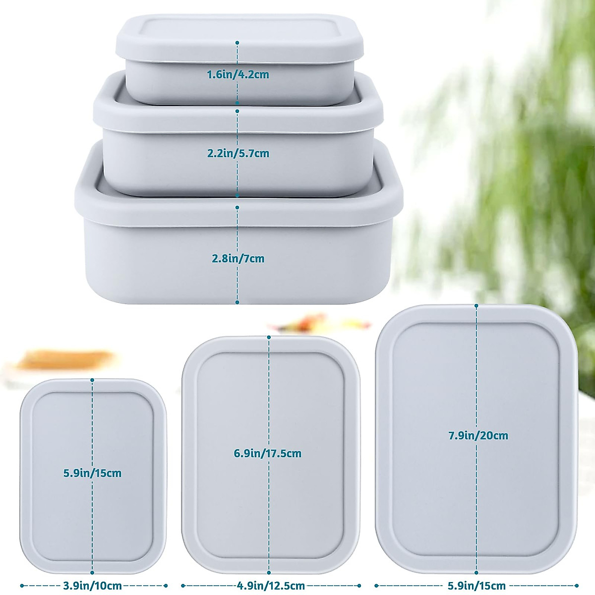 LeonBach Silicone Food Storage Containers, Set of 3 Rectangular Silicone Bento Lunch Boxes with Lids, Leak Proof, Dishwasher, Microwave, Freezer Safe (10oz, 24oz, 44oz)