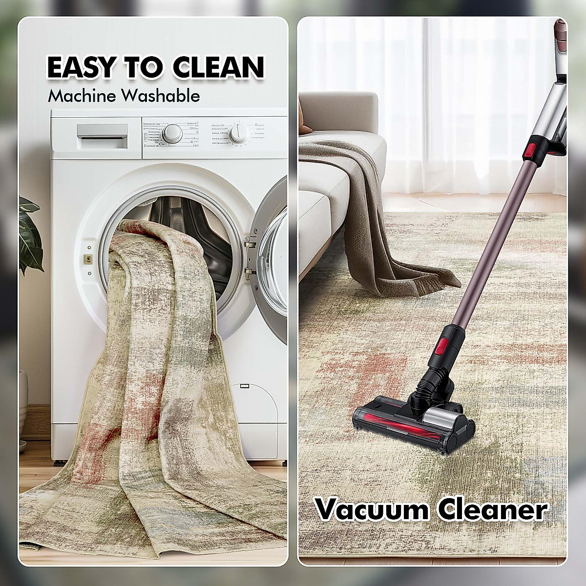 Washable Abstract Area Rug 5x7 - Modern Large Soft Living Room Bedroom Rugs Stain Resistant Non-Shedding Low Pile Carpet for Indoor Dining Room Home Studio Office - Multi-Color/Green Pink Beige