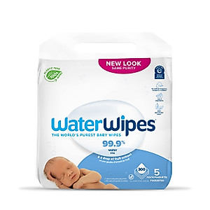 WaterWipes Plastic-Free Original Baby Wipes, 99.9% Water Based Wipes, Unscented & Hypoallergenic for Sensitive Skin, 300 Count (5 packs), Packaging May Vary