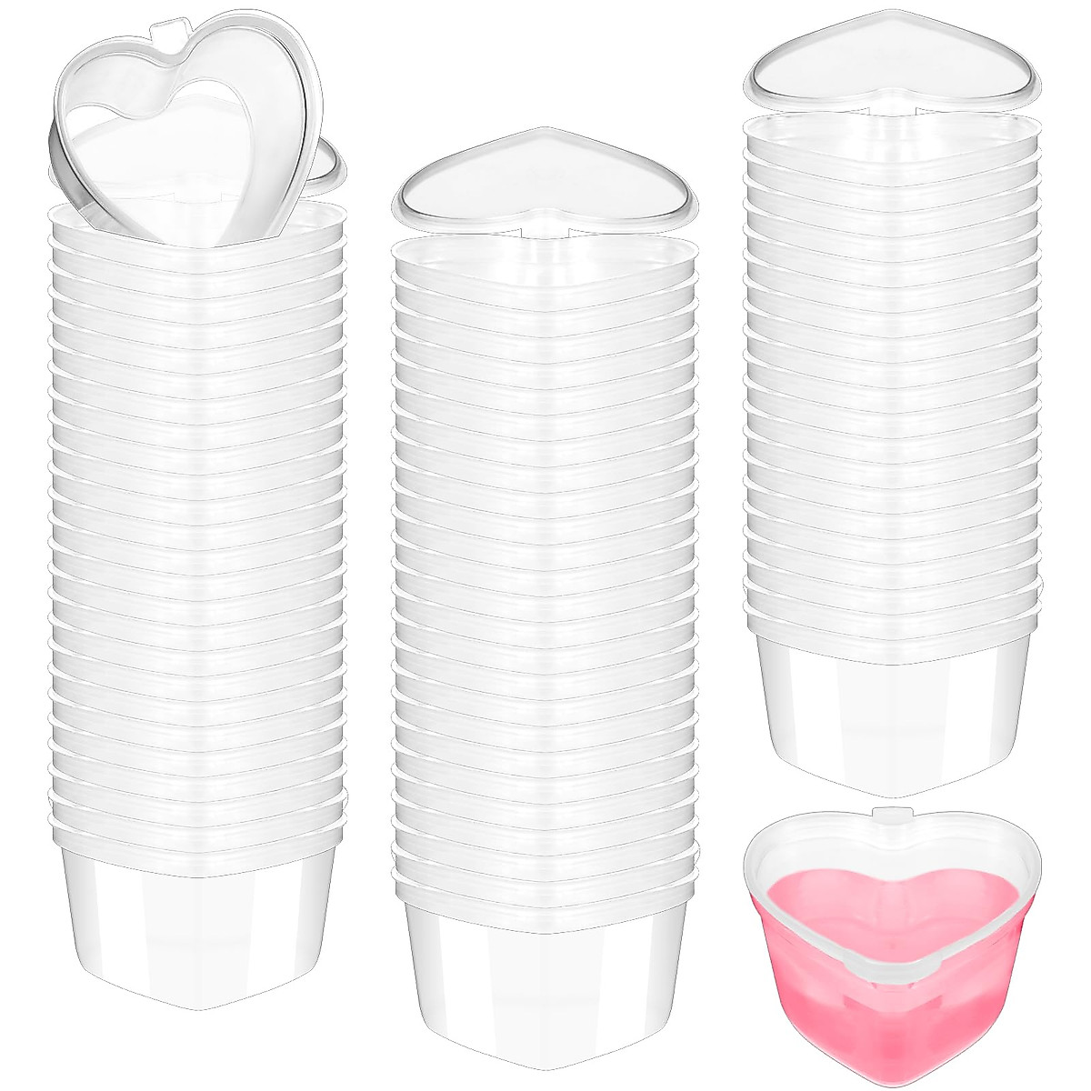 Didaey 72 Pcs 2.4 oz Valentine‘s Day Heart Shaped Containers Plastic Box with Lids Reusable Small Portion Cups Condiment Storage Container Clear Transparent Cup for Food DIY Liquid Foam Ball Soft Clay