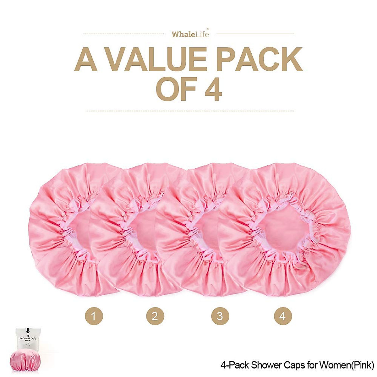 Bath Loofahs Sponge Natural4 Pack (Black) & Shower Cap 4pack (Pink) for Men and Women