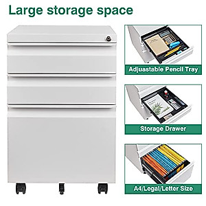 SISESOL 3 Drawer Mobile File Cabinet Under Desk Storage Drawers File Cabinets for Home Office, Office Organization File Cabinet with Lock Metal Filing Cabinet for Legal/Letter/a4 File with Slim Width