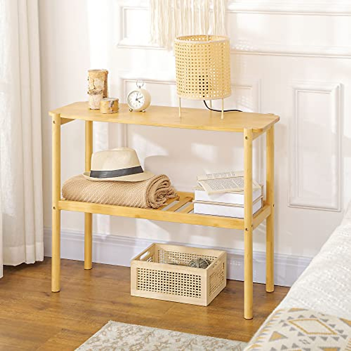 HOMCOM Bamboo Shelf, 2-Tier Multifunctional Storage Shelf, Plant Flower Stand for The Bathroom, Kitchen, and Living Room Storage, Natural