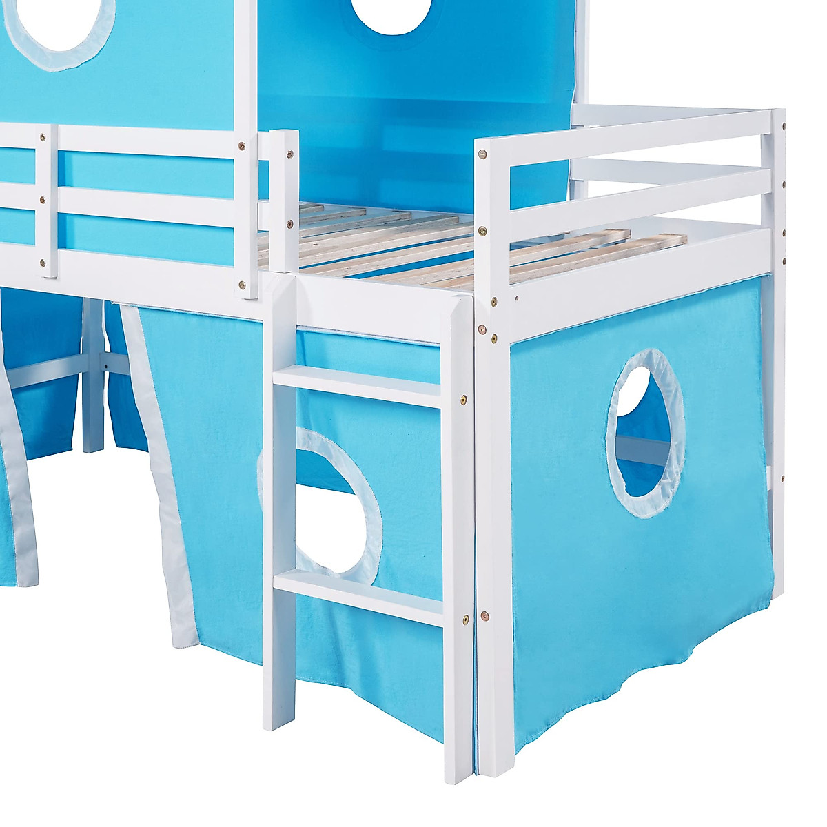 VilroCaz Playhouse Design Twin Size Low Loft Bed with Slide & Tent and Tower, Solid Wood Tent Bed Frame for Kids Boys Girls, Versatile Spacious Under Bed Space with Curtains(Blue-TW)