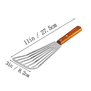11-inch Stainless Steel Fish Spatula Turner, Slotted Turner with a wooden handle, Kitchen Metal Spatula for Flipping Frying Grilling