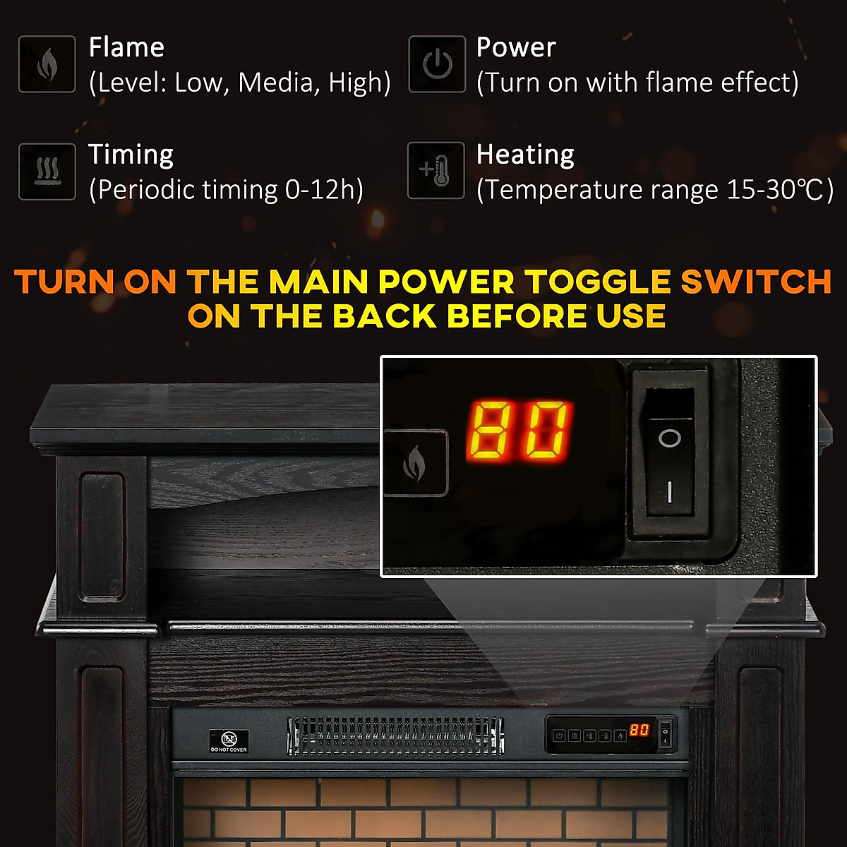 HOMCOM 32" Electric Fireplace with Mantel, Freestanding Heater with LED Log Flame, Shelf and Remote Control, 1400W, Brown