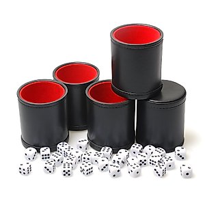 RERIVER 5 Pack PU Leather Dice Cup Set with 6 Dot Dices Felt Lined Quiet Shaker for Yahtzee Bar Party Family Dice Games,Red/Black