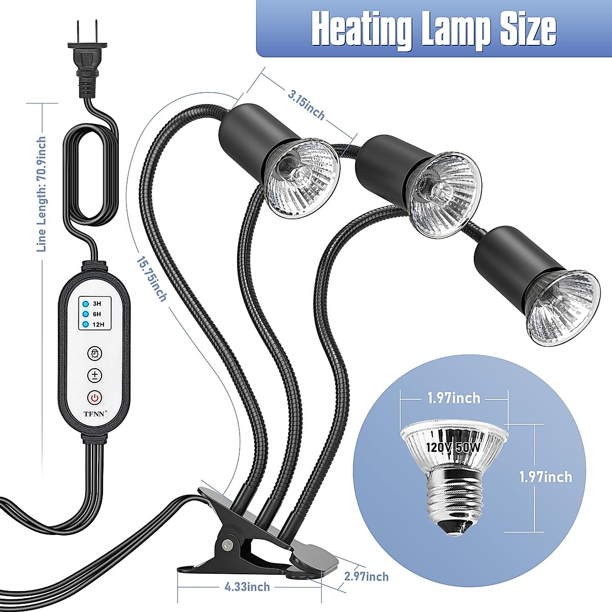 TFNN Reptile Heat Lamp, Three Head Reptile Light with Cycle Timer,UVA UVB light, dimmable Basking lamp for Tortoise, Bearded Dragon, Lizard, Snake, E26/27 Base with 4 Bulbs (50W)-Black