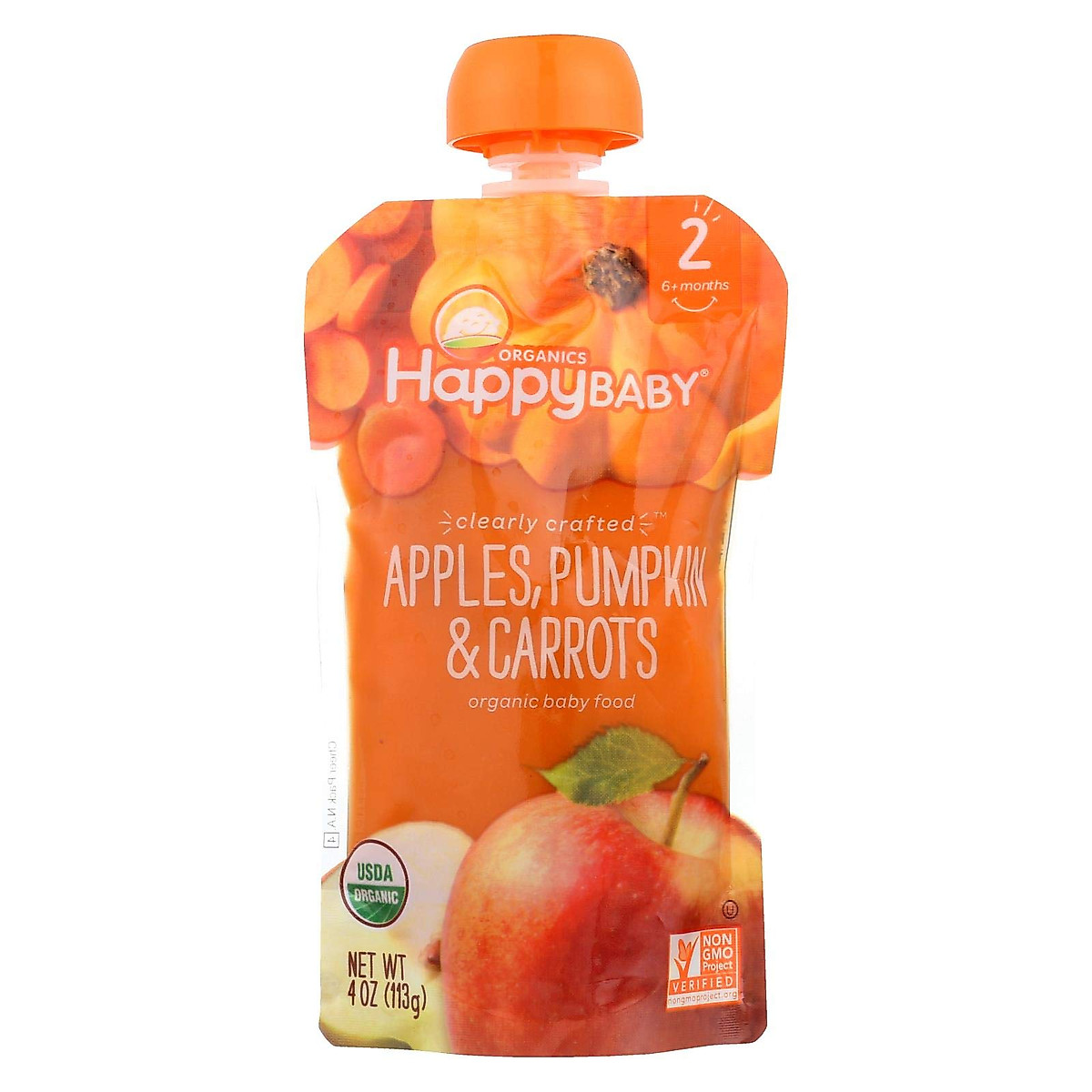 Happy Baby Organics Stage 2 Baby Food Pouches, Gluten Free, Vegan & Healthy Snack, Clearly Crafted Fruit & Veggie Puree, Apples Pumpkin & Carrots, 4 Ounces (Pack of 8)