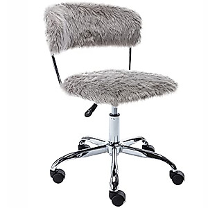 chairus Home Office Chair Faux Fur Desk Chair, Upholstered Modern Task Chair Height Adjustable Reception Chair Vanity Chair for Bedroom, Grey