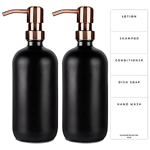 Emerson Essentials Glass Soap Dispenser Set, 2 Pack, Hand Soap Dispenser for Bathrooms and Dish Soap for Kitchen Sink with Pumps, Lotion Dispenser 16oz Bottles with 5 Waterproof Labels (Black/Copper)
