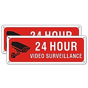 Video Surveillance Metal Sign Under 24 Hour for Business House Camera Security Warning Aluminum Sign CCTV (2 Pack 10 x 3.5 inches)