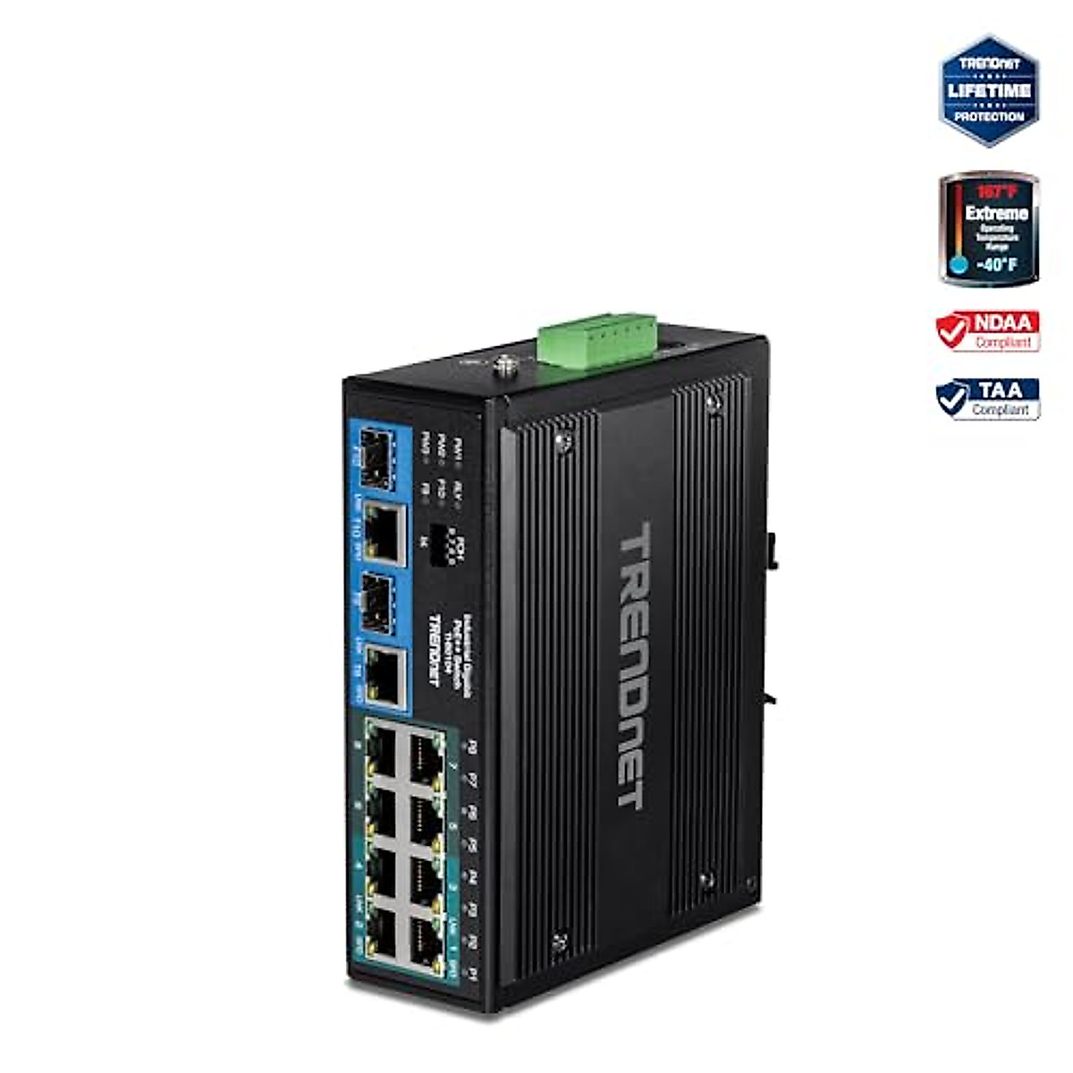 TRENDnet 10-Port Hardened Industrial Unmanaged Gigabit PoE ++ DIN-Rail Switch, 4 Gigabit PoE++ Ports, 4 Gigabit PoE+, 2 Gigabit Share Ports SFP or RJ-45, 360W Power Budget, Black, TI-BG104