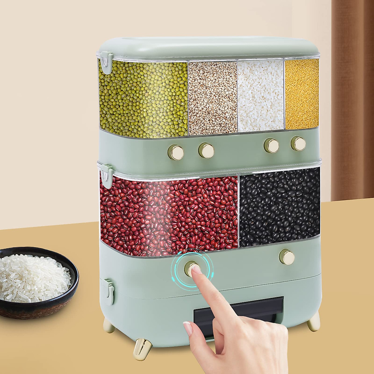 kangten 22Lbs Rice Cereal Grain dispenser, Removable 6 Grids 2 Layers Beans Cereal Containers Storage with Sealed lid Moisture Resistant Household, Kitchen Storage Container for Beans, Barley, Millet