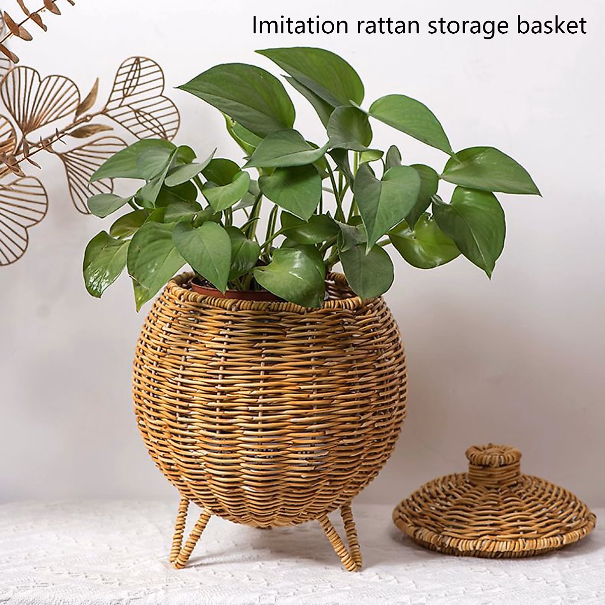 Itkcozcg Tabletop Hand Woven Storage Container with Lid Flower Basket Plastics Sundries Holder for Workspaces and Bedrooms