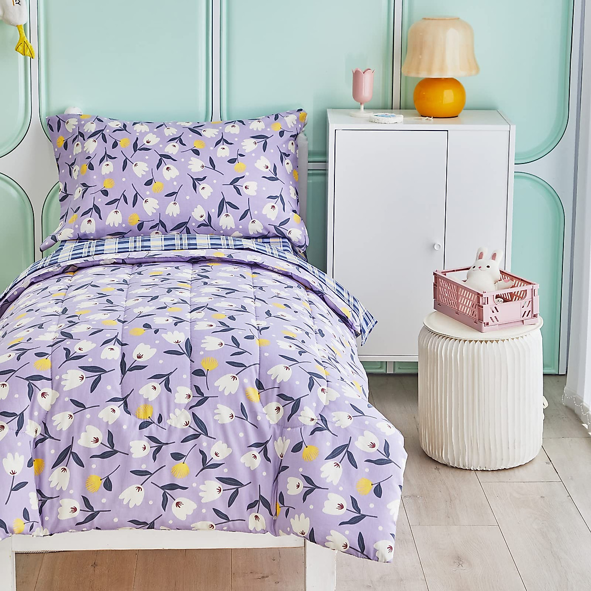 100% Cotton 4 Pieces Purple Floral Toddler Bedding Set with Yellow and White Flowers Includes Adorable Quilted Purple Comforter, Plaid Fitted Sheet, Top Sheet, and Pillow Case for Boys Girls