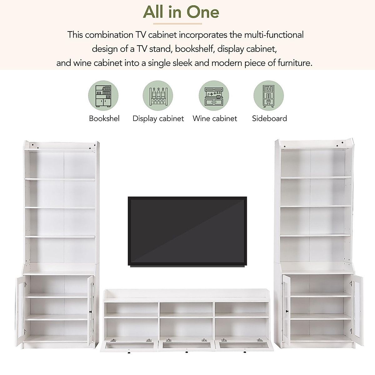 Modern Chic Elegant Entertainment Wall Unit with Tall Cabinets, Multifunctional TV Stand Set for TVs Up to 70", Television Stand with Acrylic Board Door, for Living Room, White