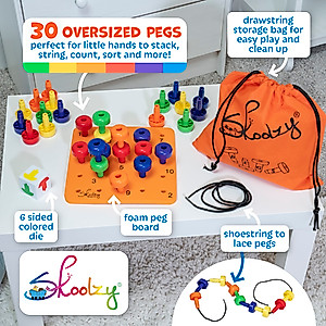 Skoolzy Montessori Sensory Peg Board 34 Piece Set - Develop Sensory Play Occupational Therapy STEM Learning Educational Toys for Kids 2+ - Includes Foam Board, Lacing String, Dice, Storage Bag, eBook
