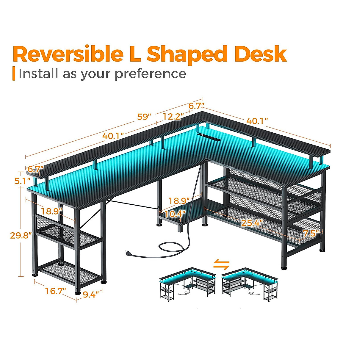 ODK 59" L Shaped Gaming Desk with Power Outlet and LED Lights, PC Gaming Table with USB Ports, Reversible L Shape Desk with Storage Shelves & Monitor Stand, Home Office Desk, Black Carbon Fiber