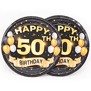 50th Birthday Plates Black and Gold Dessert, Buffet, Cake, Lunch, Dinner Plates for 50th Birthday Decorations Party Supplies, Happy 50th Birthday! 50 Count, 9" Plate Design for 50th Birthday Party