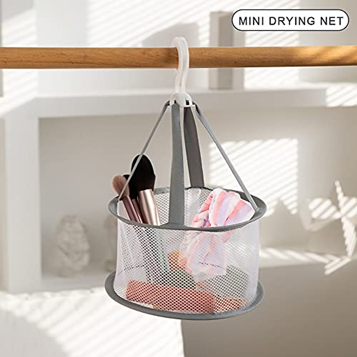Mini Mesh Shower Dry Basket, Hanging Drying Net, Bath Organizer Storage for Makeup Brush, Beauty Sponge Blender, Windproof Airing Drip Dryer Rack for Bathroom, Laundry (Gray)