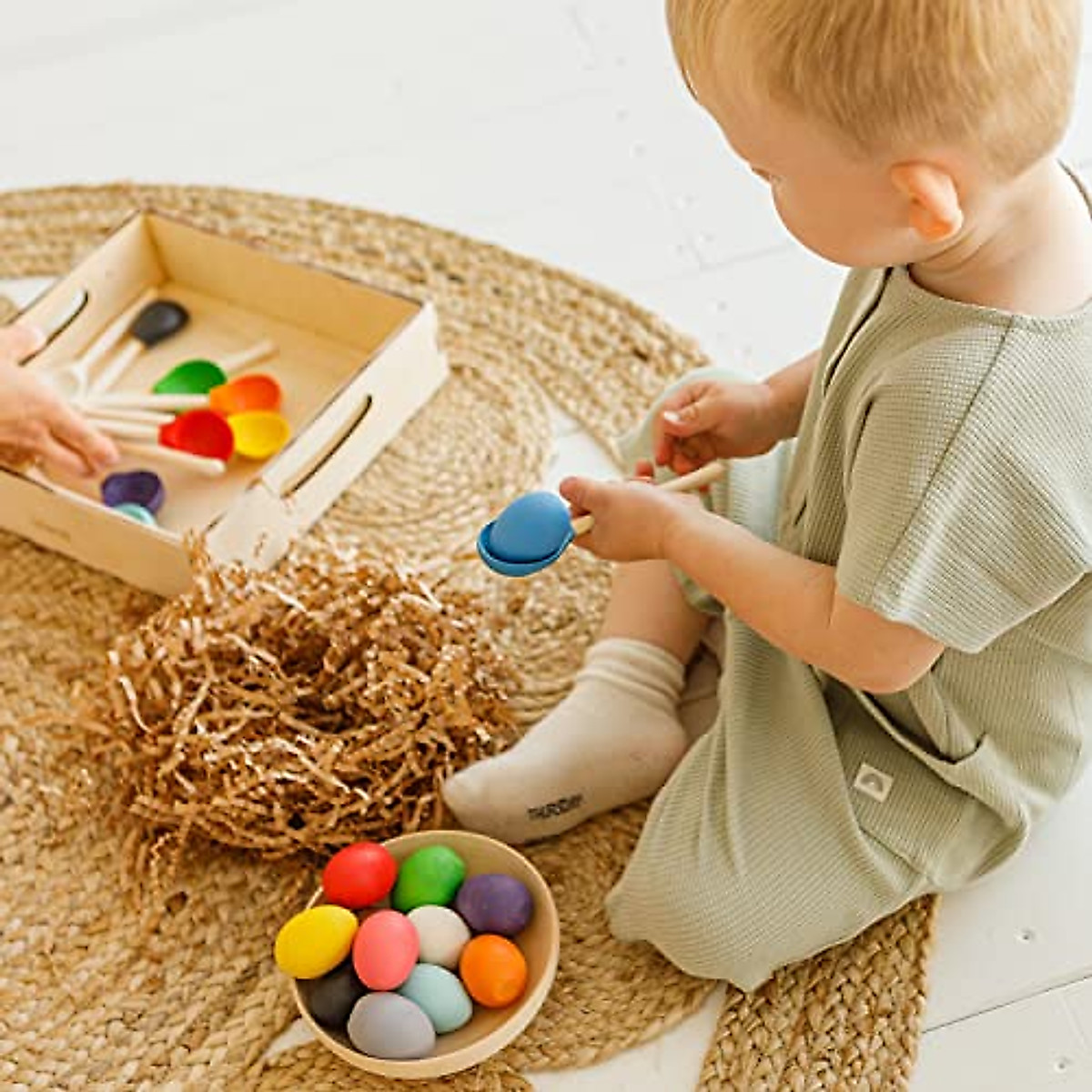 Ulanik Eggs and Spoons Toddler Montessori Toys for 1 Year Old + Kids Wooden Eggs Baby Matching Game for Learning Color Sorting and Counting — 12 pcs, 1.8 in