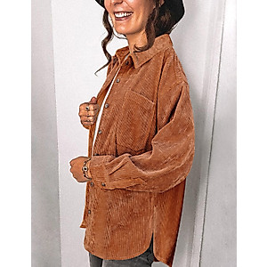 Saslax Womens Corduroy Shirt Long Sleeve Oversized Button Up V Neck Blouses Tops Loose Shacket Jacket with Pockets Burnt Oranage L