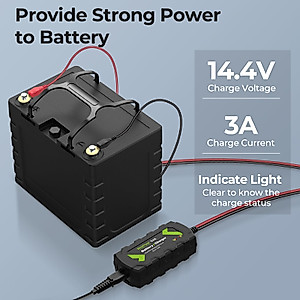 RoyPow 12V Battery Charger 3-Amp Automatic Smart Battery Maintainer, Trickle Charger, and Battery Desulfator with Alligator Clamp and Ring Terminal