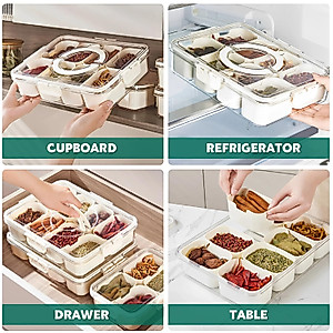 Divided Serving Tray with Lid and Handle - 8 Compartment Portable Snackle Box Charcuterie Container - Clear Snack Organizer for Fruits, Candy, Nuts, Snacks - Ideal for Parties, Travel & Picnics